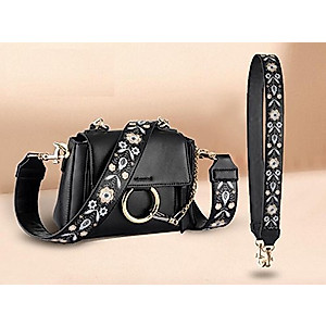Embroidery Flowers Genuine Leather Handbags Strap HandBag Straps Replacement Shoulder Bag Straps (Black-01)