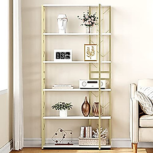 IDEALHOUSE Bookshelf 6 Tier Bookcase Modern Storage Rack Shelf Tall Standing Bookshelves with Metal Frame Large Unique Display Racks Wood Book Shelf for Bedroom, Living Room, Home Office, White/Gold