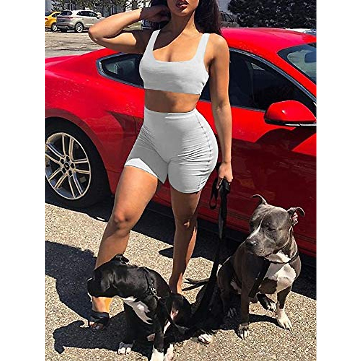 GOBLES Women's Sexy Bodycon Tank Crop Top Shorts Sets Club 2 Piece Outfits White