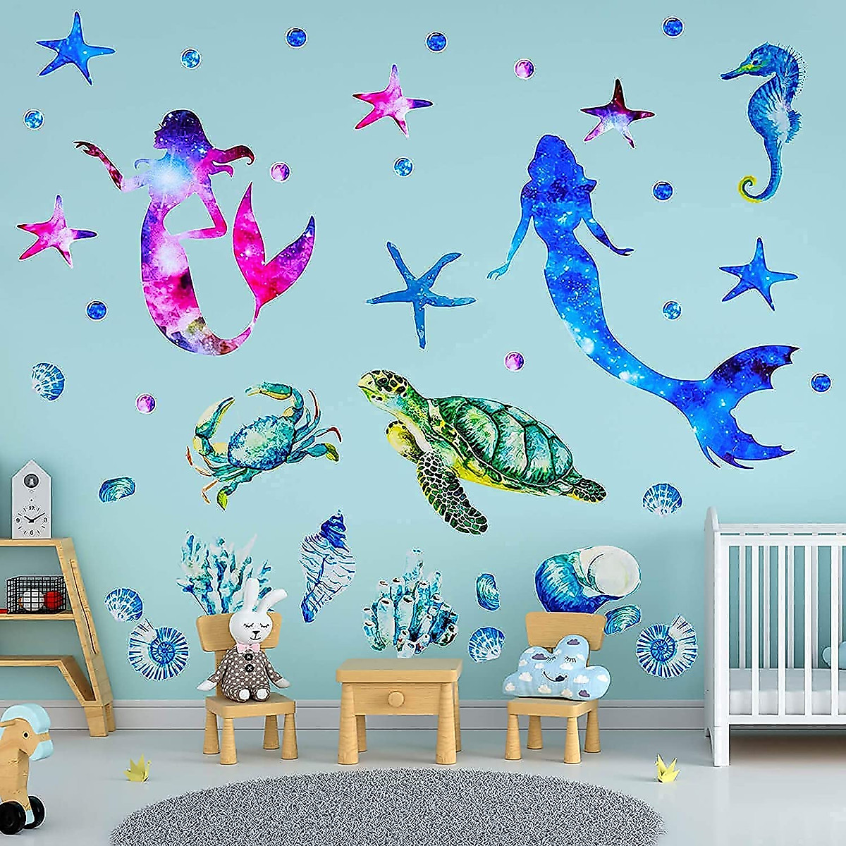 Mermaid Wall Decals, 2 Sheets Removable Mermaid Wall Stickers for Bedroom, The Sea Mermaid Wall Decals Ocean Mermaid Turtle Wall Stickers Bathroom Kids Bedroom