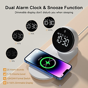 Digital Clock, Alarm Clock with Fast 15W Wireless Charger for Bedroom,Teen Girls Boys Gifts, Dual Alarm, 20 Sleep Sounds, Bluetooth Speaker, Night Light, Bedside Clock for Heavy Sleepers Adults