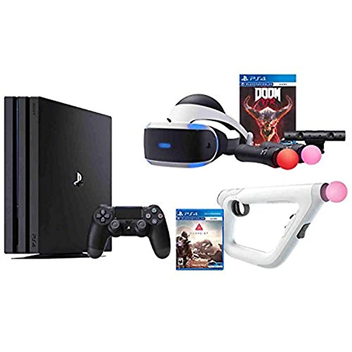 PS4 Shooter Bundle (6 Items): PlayStation 4 Pro 1TB Console, VR Headset, Farpoint Aim Controller Bundle, PSVR Doom Game, Playstation Camera, and 2 Move Motion Controllers