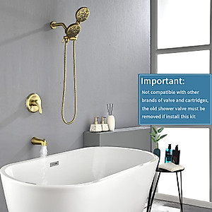 Dual Shower Faucet Set with Tub Spout Tub and Shower Faucet Set Complete Dual Shower Head and Handheld Combo Shower System with Tub Spout Tub and Shower Trim Kit Brushed Gold