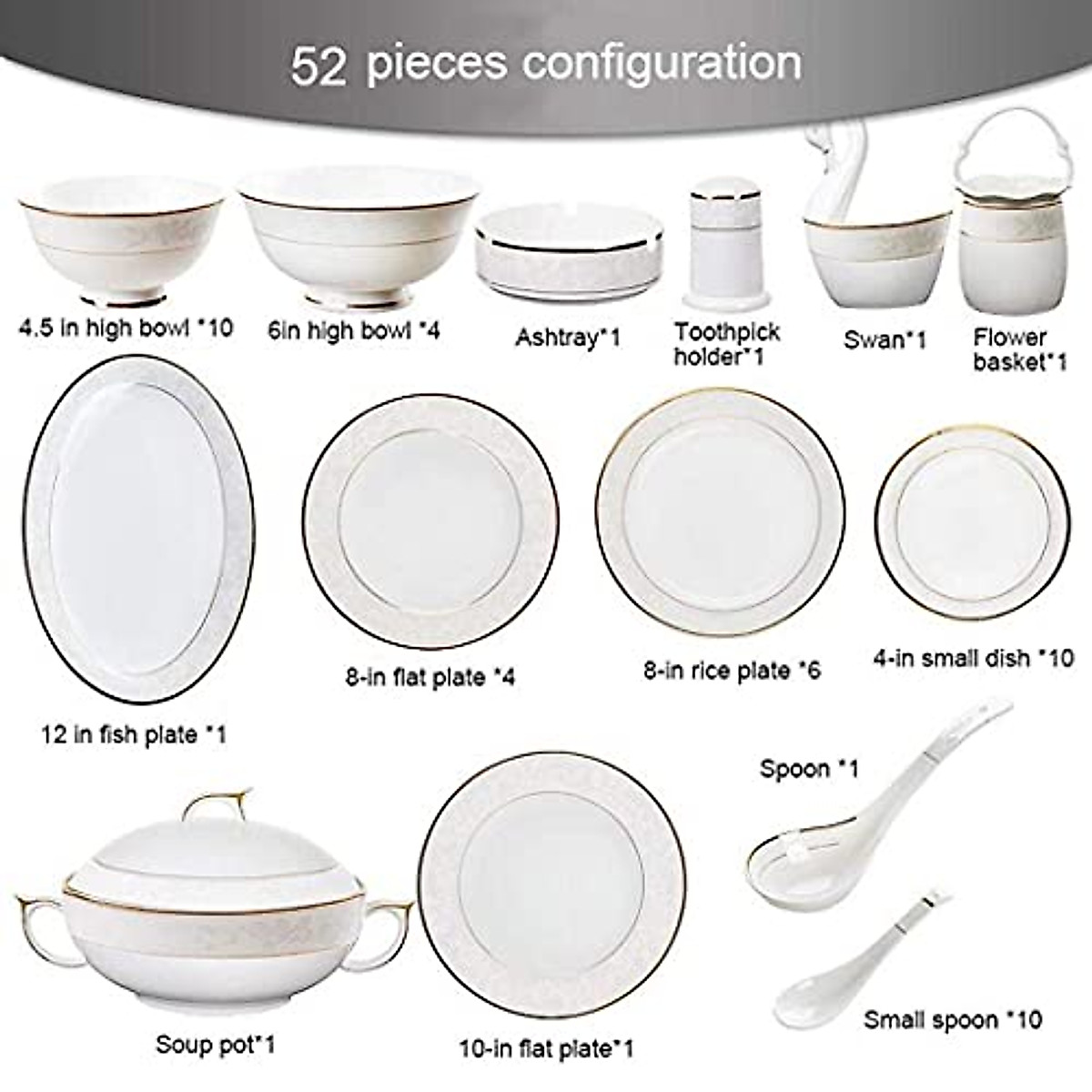 GagalU Dinnerware Set,52 Pieces Ceramics Phnom Penh Plates Bowls Combination Bone China Embossed Pattern Dinnerware Set for Banquet