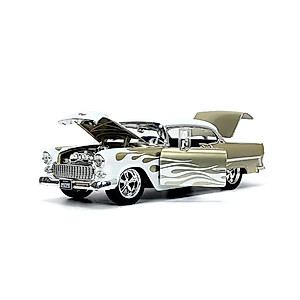 Big Time Muscle 1:24 1955 Chevy Bel Air Die-Cast Car, Toys for Kids and Adults(White/Gold Flames)