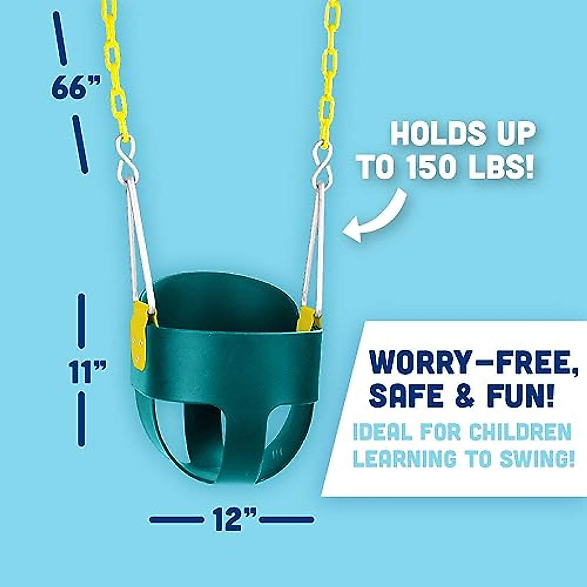 Original High Back Full Bucket Toddler Swing Seat with Plastic Coated Chains and Carabiners for Easy Install - Green - Squirrel Products