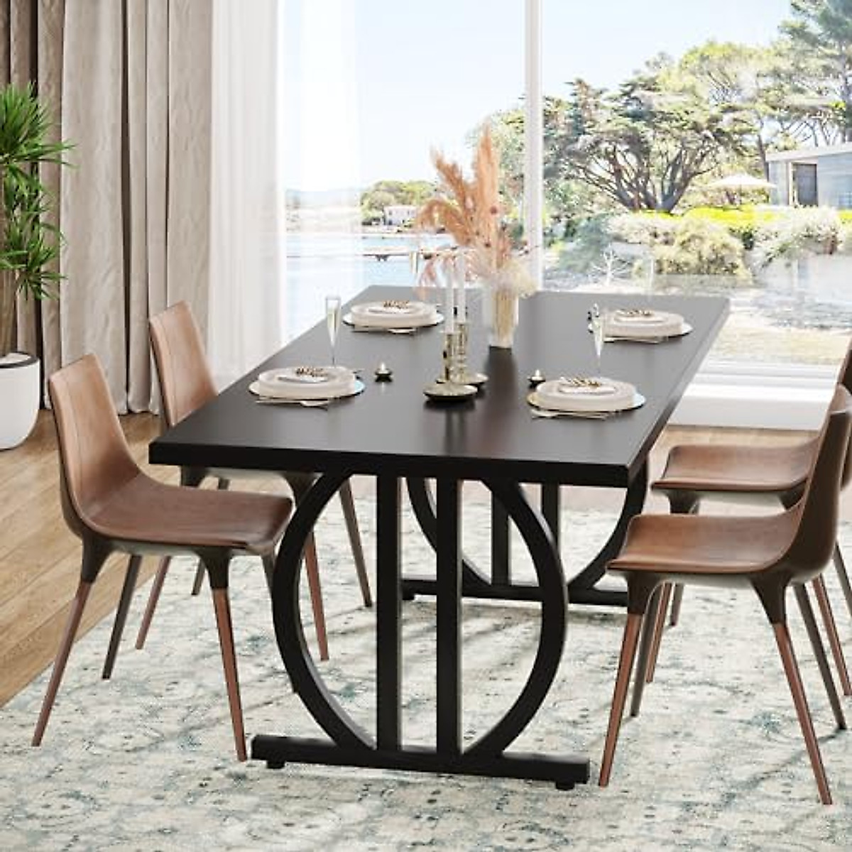 LITTLE TREE Modern Dining Table for 4-6 People, 63" Large Rectangular Kitchen Table with Geometric Legs, Unique Dinner Table Kitchen & Dining Room Furniture