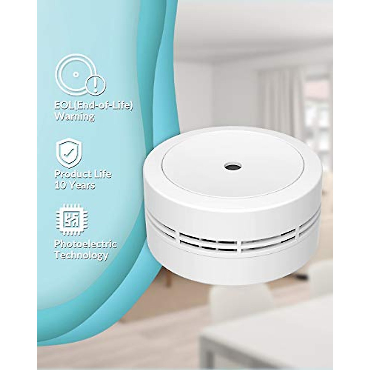 Ecoey Small Smoke Detector Alarm, 10 Year Fire Alarms Smoke Detectors with Built-in 3V Battery, Smoke Alarm with Big Test Button and Silence Function for House, FJ135, 2PACK
