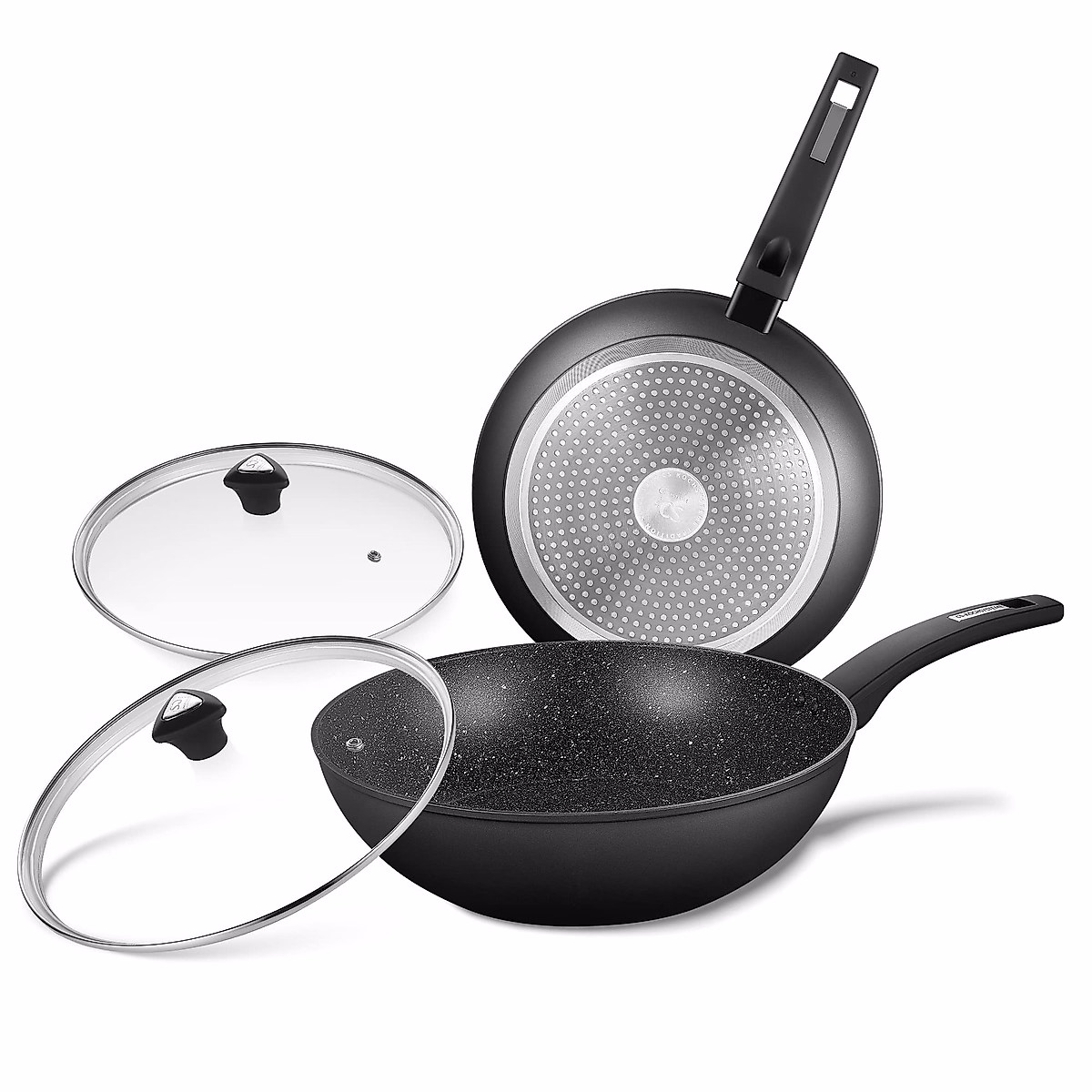 KOCH SYSTEME CS CSK 11+12in Nonstick Frying Pan Sets With Glass Lids-Cookware Sets With Stone-Derived Ultra Nonstick Coating,100% PFOA&APEO Free,Induction Available Frying Skillets,Wok Pans,4PC,Black