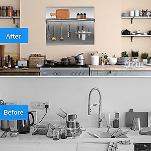 Range Backsplash with Shelf 30 x 30.7 Inch Range Hood Wall Shield Max. 66.14 lbs Load Capacity Stainless Steel Backsplash with Built-in Storage Shelf and Hanging Rack for Kitchen Home Restaurant