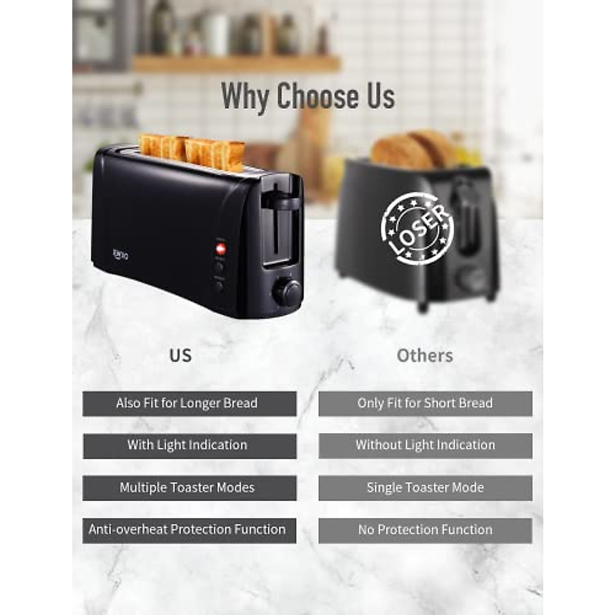 Long Slot Toaster 2 Slice Best Toaster 2 Slice Wide Slot, Vintage Black Toaster with Defrost/Reheat/Cancel/6 Bread Shade Settings/Removable Crumb Tray for Waffles Bagels, Easy To Use, 1000w