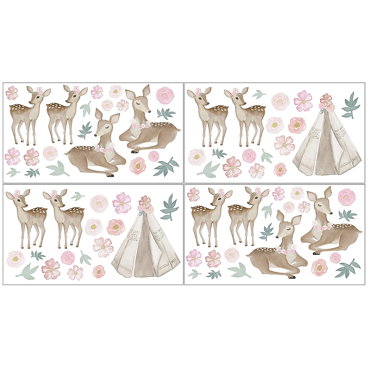 Boho Woodland Deer Floral Peel and Stick Wall Decal Stickers Art Nursery Decor by Sweet Jojo Designs - Set of 4 Sheets - Blush Pink, Mint Green and White