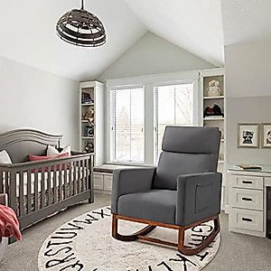 Yaheetech Rocking Chair Nursery Upholstered Glider Chair with Rubber Wood Legs Side Pocket, Rocking Accent Armchair for Living Room, Gray