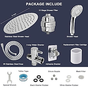 NearMoon Filtered Shower Head, High Pressure 8″Round Rain Shower Head and 5 settings Handheld Shower Filter Combo with Self-adhesive Holder/1.5M Hose -1 Replaceable Filter Cartridge (Chrome Finish)