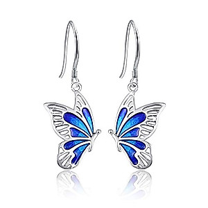 Butterfly Drop Earrings, 925 Sterling Silver Hypoallergenic Dangly Earring for Sensitive Ears Jewelry Mother Day for Women Girlfriend Butterflies Lovers with Box (Blue)
