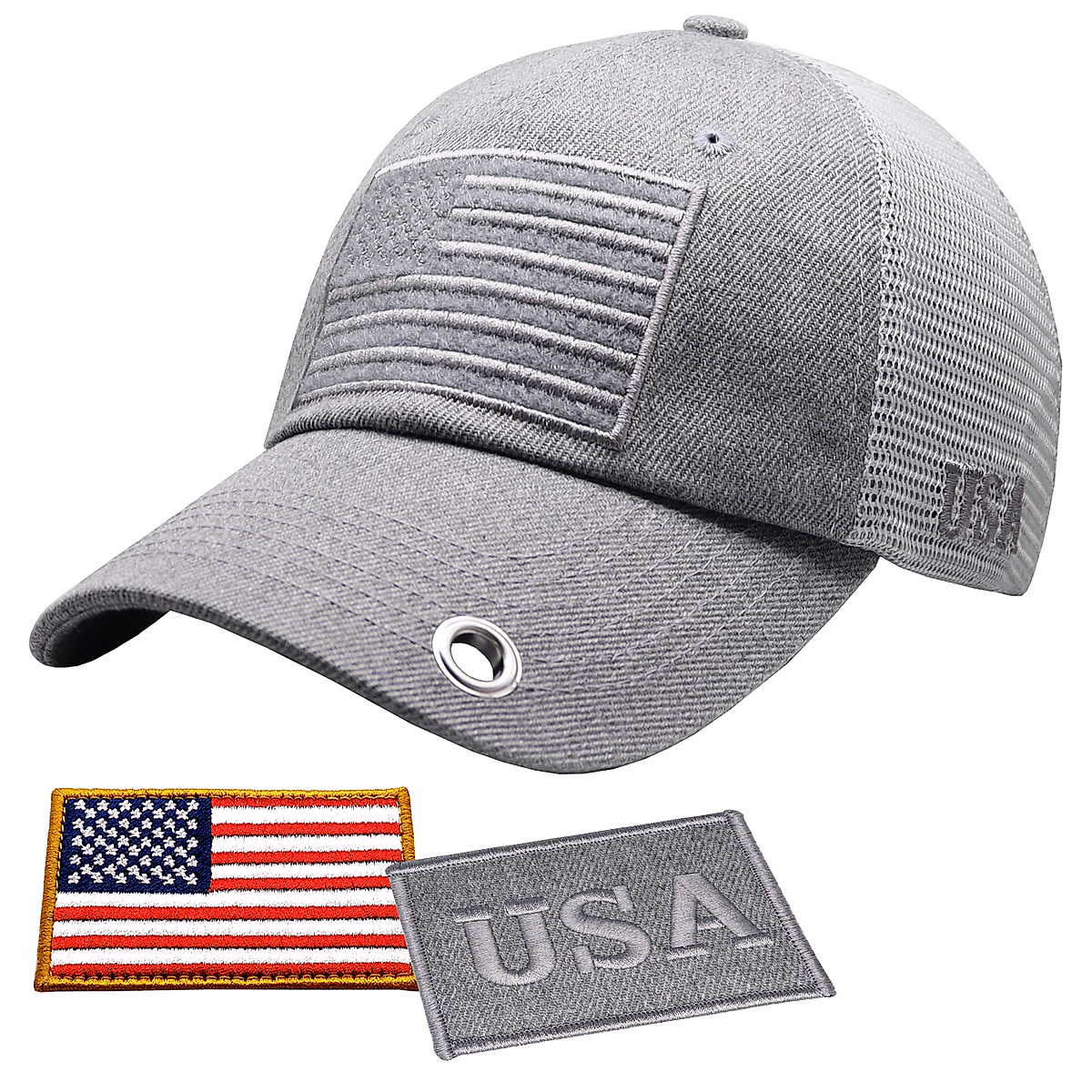 Antourage American Flag Unconstructed Hat for Men and Women Twill Mesh Snapback Baseball USA Flag Cap + 2 Patriotic Patches ((52) Grey Classic Mesh Snapback with Keyhole)