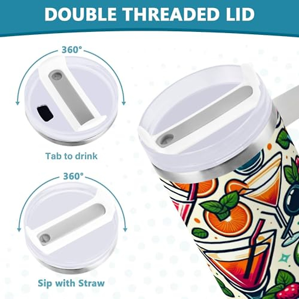 Jihqo Tropical Cocktails 40 oz Stainless Steel Vacuum Insulated Tumbler with Handle and Straw Lid, Leakproof Water Bottle Double Wall Travel Mug Coffee Cup, Cupholder Friendly