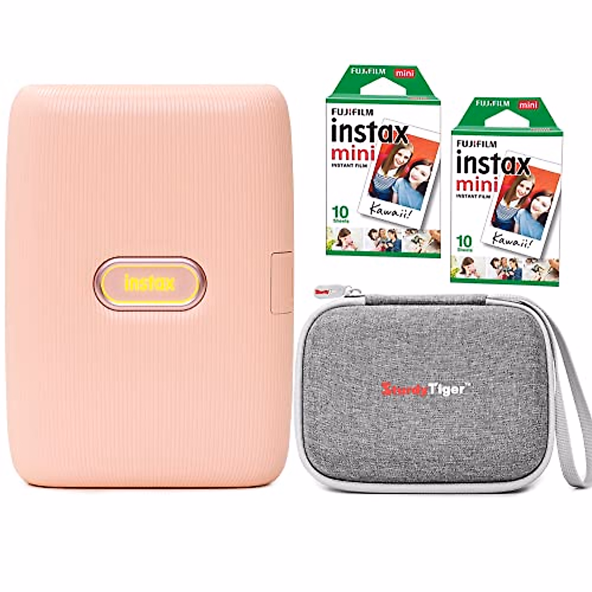 Fujifilm Instax Mini Link Smartphone Printer + Fujifilm Instax Mini Instant Film (20 Sheets) Bundle with Sturdy Tiger Travel Case and Stickers + Deals Number One Cleaning Cloth (Dusky Pink)