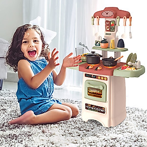 deAO Kitchen Toys for Kids Kitchen Playset Toy with Sounds and Lights Role Playing Game Pretend Food and Cooking Playset,26 PCS Kitchen Accessories Set for Girls Boys Kids