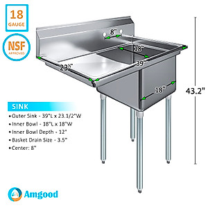 One Compartment Stainless Steel Commercial Kitchen Prep & Utility Sink with Left Drainboard | Bowl Size 18" x 18" X 12" | NSF