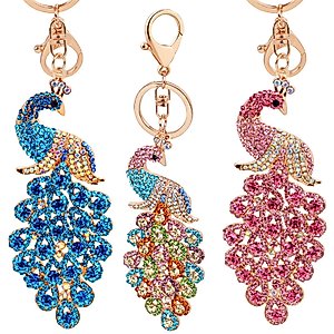ASkinds 3Pcs Peacock Crystal Rhinestone Alloy Metal Keychain Key Chain Key Ring Pendant Decoration Gift for Womens Purse Bag(Blue,Pink,Color)