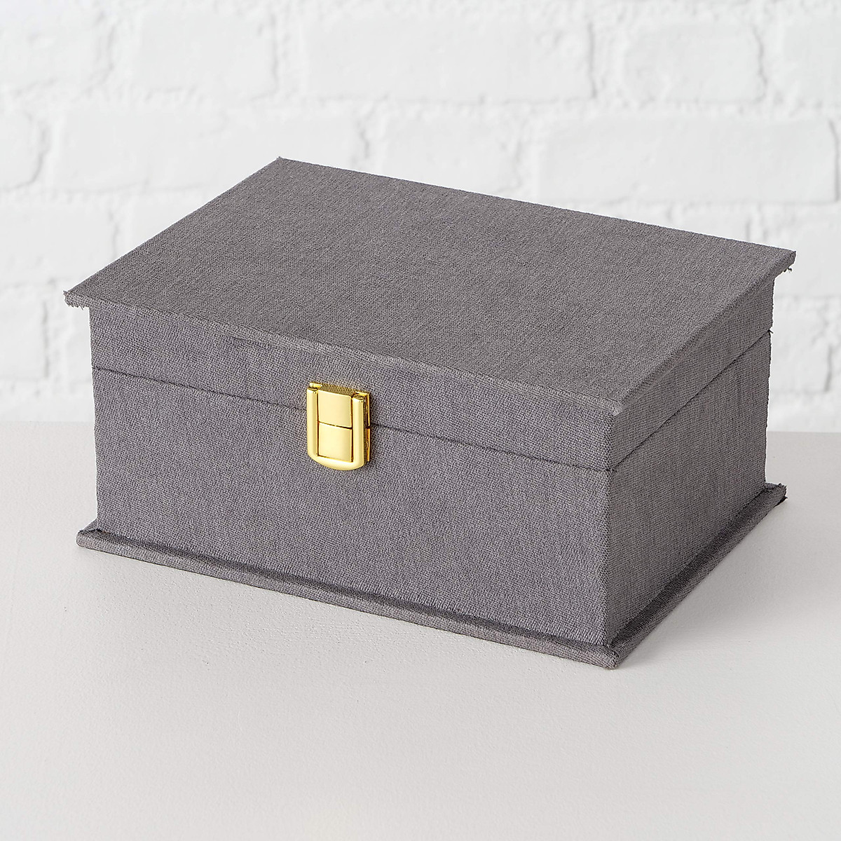 WHW Whole House Worlds Grey Flannel Boxes, Set of 3, Grey, Gold Flip Latch Locks, Table Top, Lined, Organizers, Wood, 10.25 x 7.75, 8.75 x 6.25, and 7 x 4.75 Inches