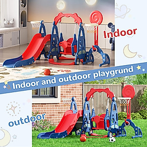 NYEEKOY 5 in 1 Toddler Slide and Swing Playset Indoor Outdoor Kids Slide for Toddler Age 1-8, Toddler Playground with Basketball Hoop and Long Slide, Backyards Silde Sets for Baby