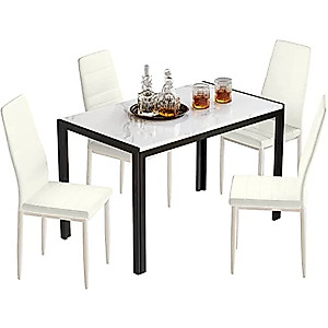 Lamerge Faux Marble Dining Table Set for 4,5 Piece Dining Room Table Set,Rectangular Table and 4 PU Leather Chairs for Living Room,Dining Room,Breakfast Nook,White&Beige, (LMDS-Wbe)