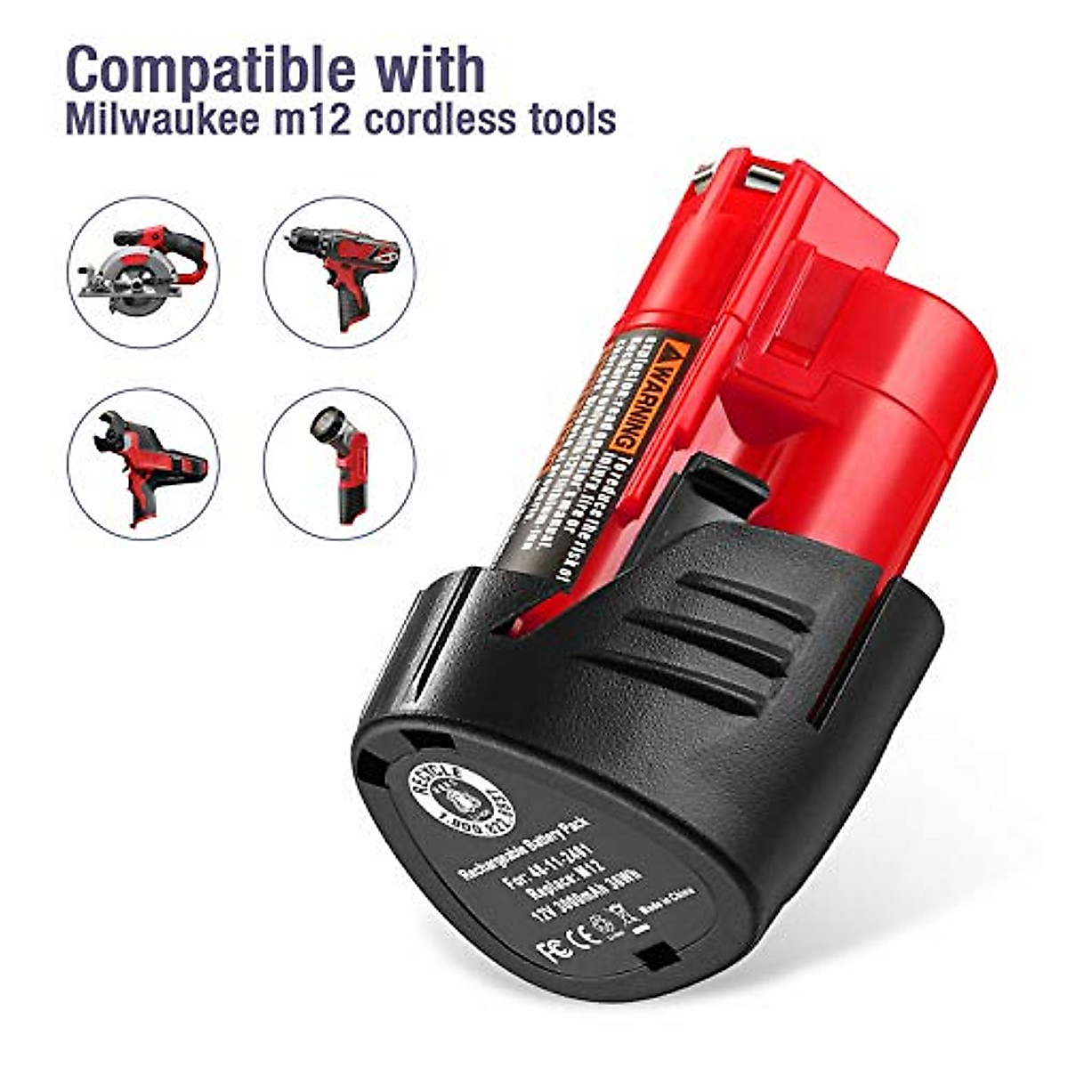 2 Pack 3000mAh M12 Replacement Battery for Milwaukee M12 Battery, Compatible with Milwaukee M12 XC Cordless Power Tools Replace for 48-11-2401, 48-11-2402, 48-11-2440, 48-11-2411