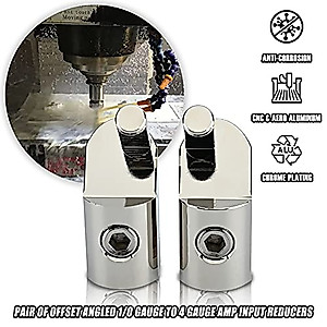BILLFARO 2Pcs 1/0 Gauge to 4 Gauge Input Wire Gauge Reducer,Offset Angled Amp Input Reducers Cable PIN Power Ground Reducers Connection Brass with Nickel Plated