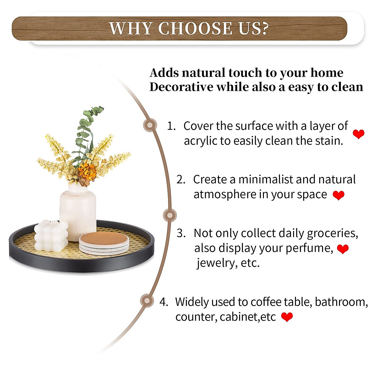 Hanobe Round Decorative Coffee Tray: Coffee Table Trays Decor Circle Rattan Tray with Black Wooden Frame for Storage & Display Serving Tray for Counter Living Room Dresser Makeups