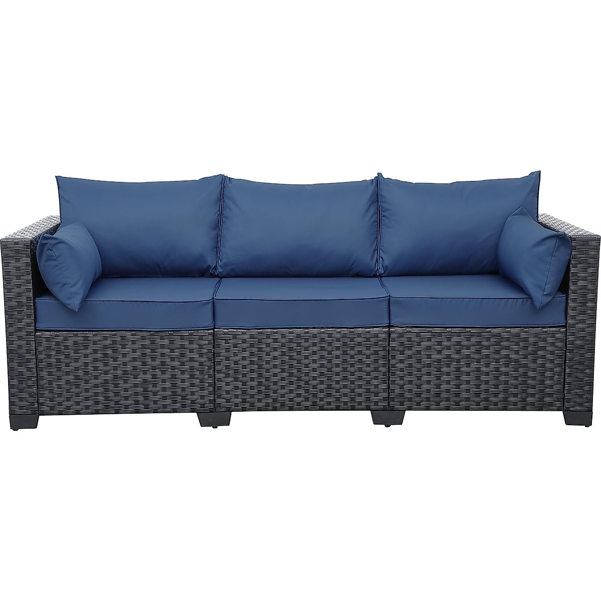 Valita 3-Seat Outdoor Rattan Sofa Patio Couch Black PE Wicker Loveseat Seating Furniture with Washable Navy Blue Cushions