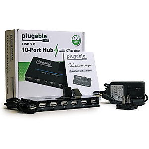 Plugable USB Hub, 10 Port - USB 2.0 with 20W Power Adapter, Two Flip-Up Ports and Driverless