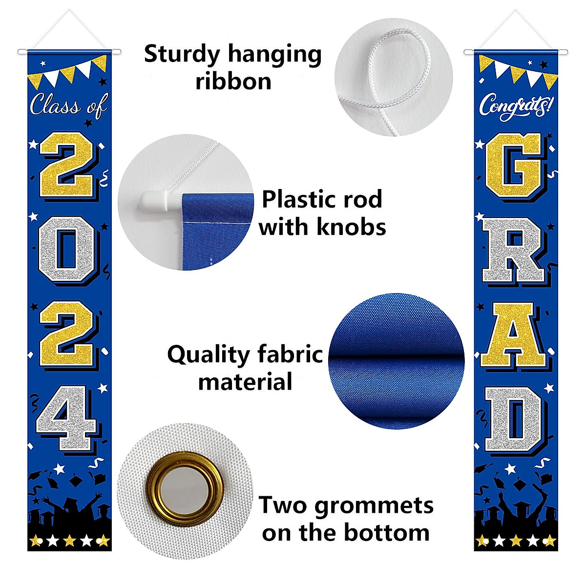 PlandRichW Graduation Banner Class of 2024, Large Blue & Gold Congrats Grad Porch Sign Doorway Welcome Graduation Decoration Celebration Supplies