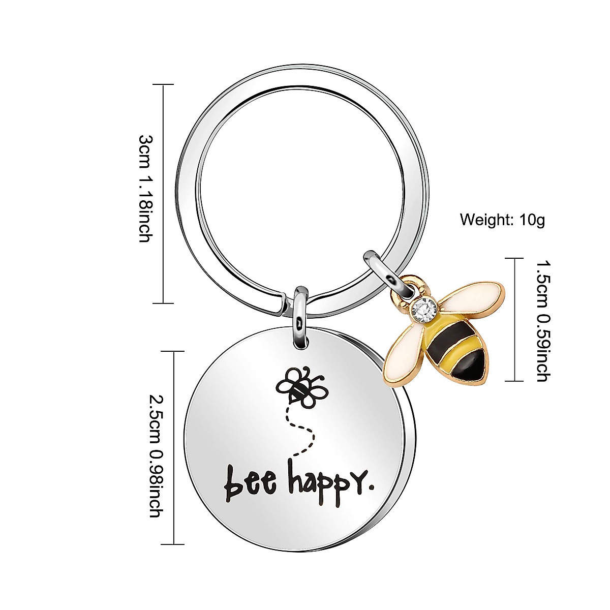 Women's Keychain " Bee Happy" Keyring Keychain, Gift for Mom, Aunt, Daughter, Niece, Friends (Silver)