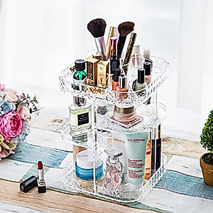 Makeup Organizer 360-Degree Rotating Cosmetic Storage Box, DIY Adjustable Large Capacity Cosmetics Display Case Square Makeup Shelf with Diamond Pattern