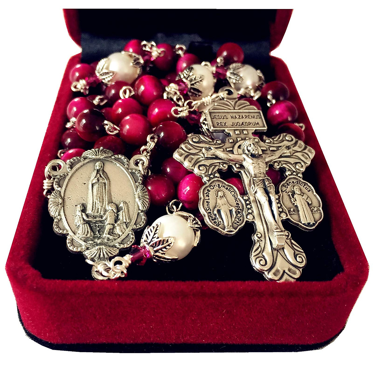 elegantmedical Red Tiger Eye Beads Sterling Silver 10mm Real Pearl Rosary Cross Necklace Catholic