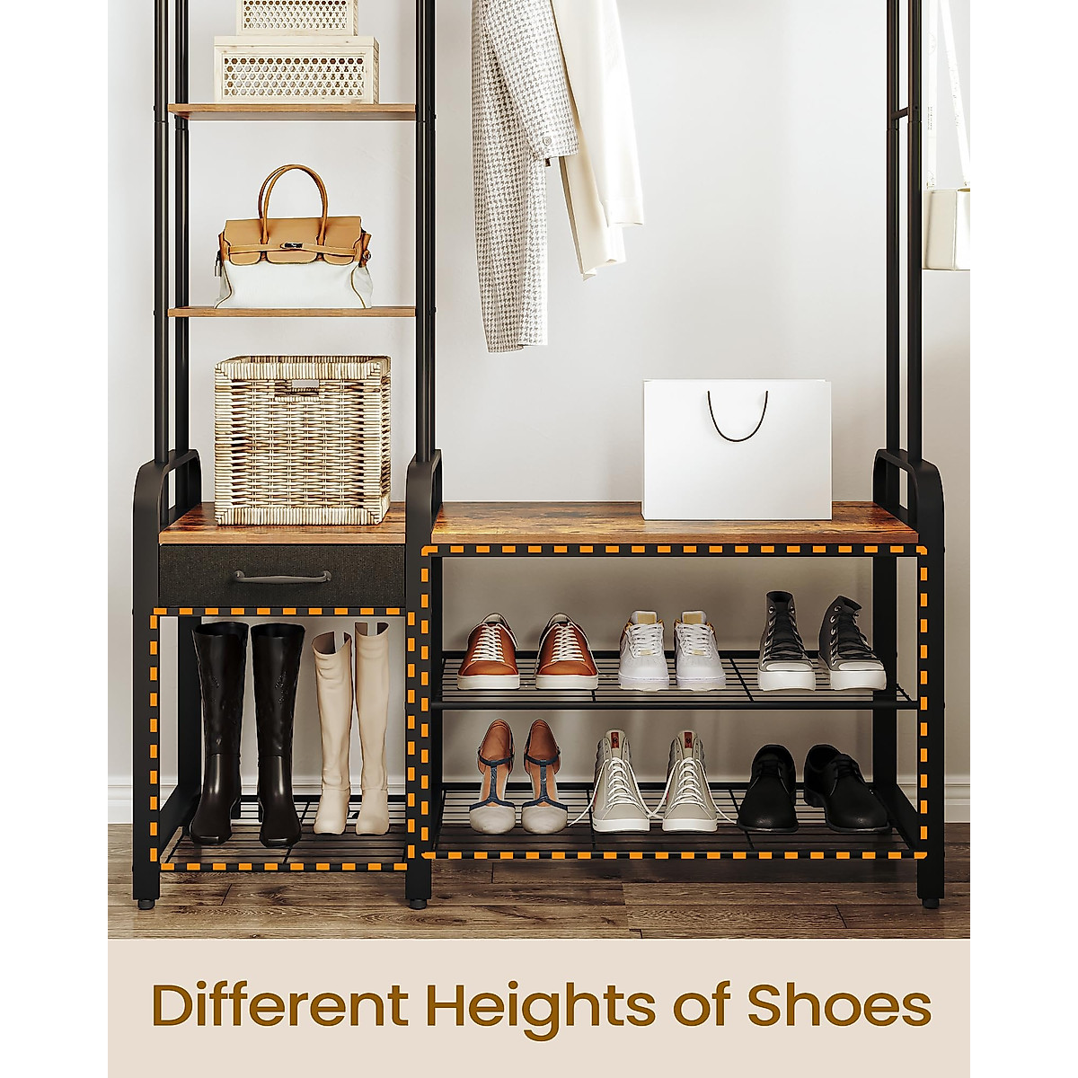 Hzuaneri Hall Tree, Coat Rack with 3-Tier Storage Bench and 1 Drawer, 5-in-1 Entryway Bench with 17 Hooks, 1 Hanging Rod, 4-Tier Side Shelves, Rustic Brown HT03501B