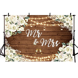 MEHOFOND 7x5ft White Floral Mr & Mrs Engagement Decorations Backdrop Couples Wedding Wooden Background Bride and Groom Engaged Ceremony Anniversary Bridal Shower Party Supplies Photobooth Props