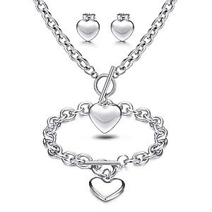 LOYALLOOK 3Sets Heart Pendant Necklace Toggle Chain Heart Bracelet Heart Stud Earrings for Women Stainless Steel Charm Love Heart Jewelry Set for Valentine's Day