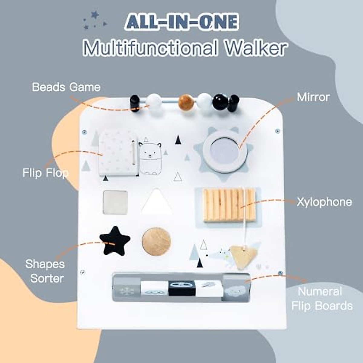 Wooden Baby Walker, Toddler Push and Pull Learning Activity Walker for Boys and Girls, Montessori Toys for 1+ Year Old, Kids Multi-Activity Learning Walker with Wheels