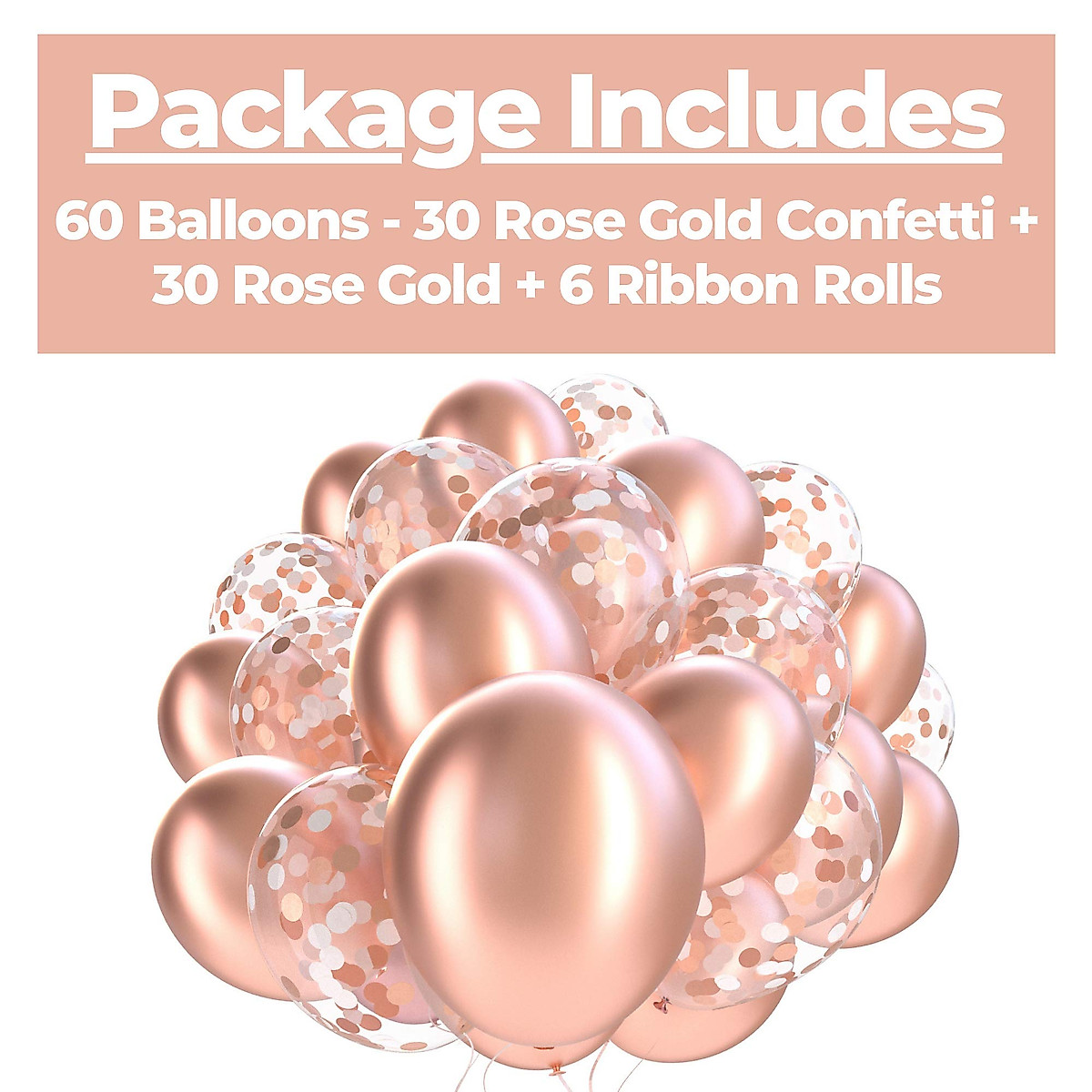 Dandy Decor 60 Pack Rose Gold Balloons + Confetti Balloons w/Ribbon | Rosegold Balloons for Parties | Bridal & Baby Shower Balloon Decorations | Latex Party Balloons |
