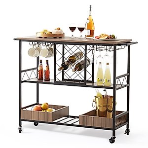 VEVOR Bar Cart, Home Serving Cart, 3 Tiers 300 LBS Industrial Rolling Beverage Station on Lockable Wheels, Mobile Alcohol Drink Cart with Removable Tray Wine Rack Glass Holder for Kitchen Dining Room