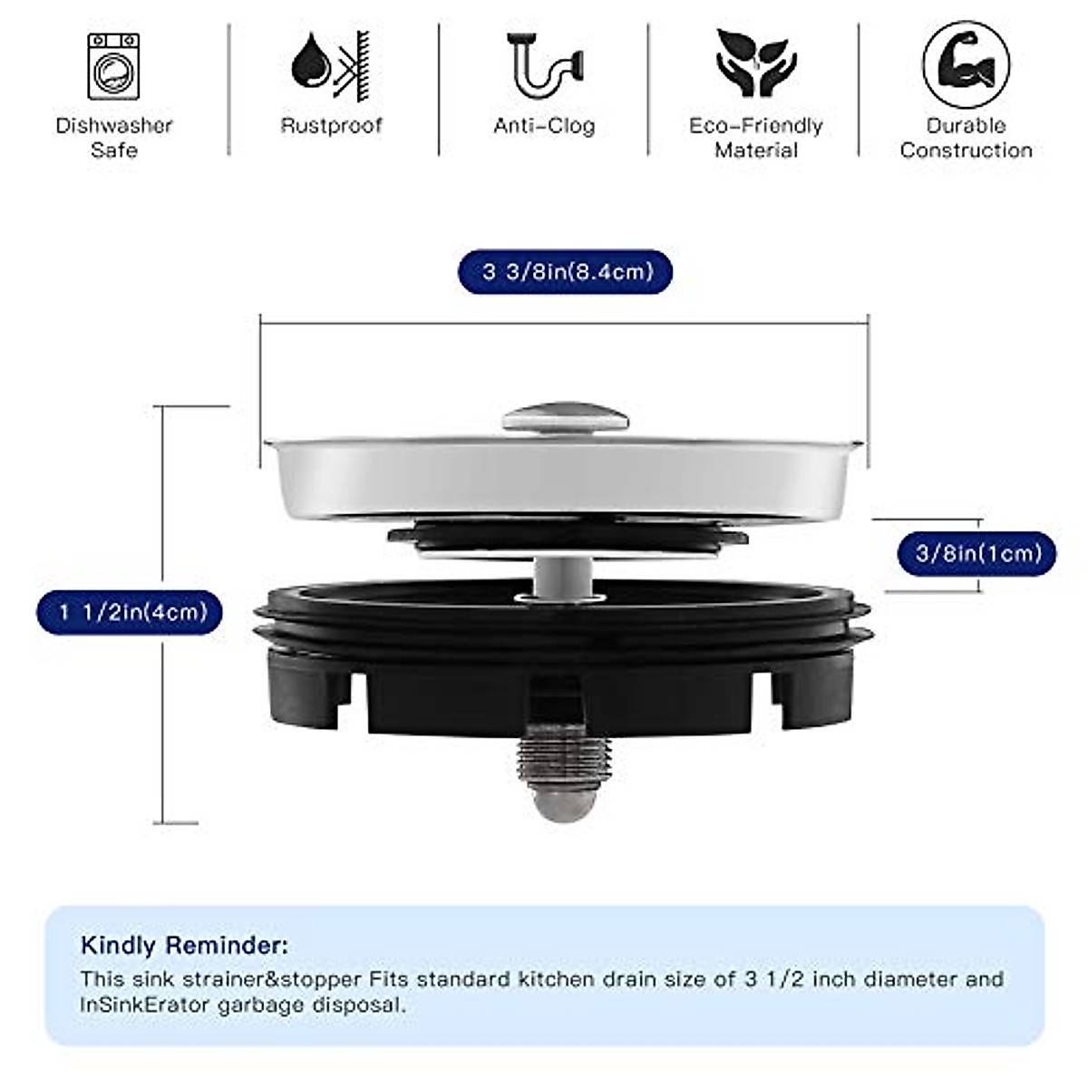 CLEESINK Kitchen Sink Strainer and Stopper Combo for Standard 3-3/8 Inch Drain, 2 in 1 Use Stainless Steel Sink Basket Strainer Replacement, Drain Cover Sink Filter with Stopper