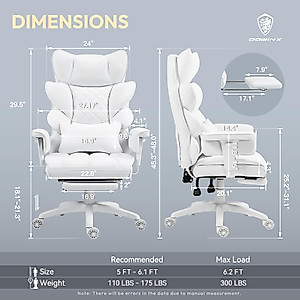 Dowinx Big and Tall Office Chair with Pocket Spring Cushion and Lumbar Support,High Back Computer Gaming Chair with Adjustable Armrests,Executive Desk Chair with Footrest,(PU Leather, White)