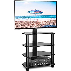 Rfiver Swivel TV Stand with Mount for 32"-70" Flat Screen, Slim Corner Entertainment Floor TV Mount with 4-Tier Tempered Glass Media Shelves, Height Adjustable and Cable Management