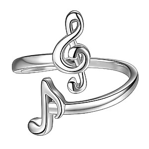 beautlace Musical Note Adjustable Rings Silver Plated Love Heart Treble Clef Music Note Open Ring Jewelry Gifts for Music Lover KR0026W