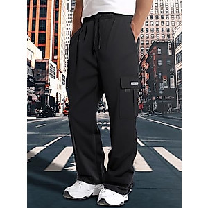 GYMBULLFIGHT Men's Cargo Sweatpants Loose Fit Pants Joggers for Men with Pockets, Open Bottom Drawstring Black