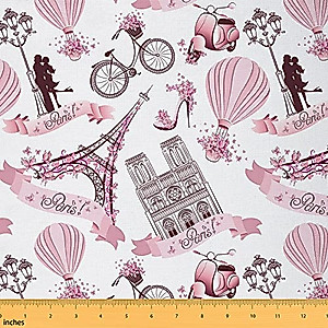 Paris Upholstery Fabric by The Yard France Eiffel Tower Decorative Fabric Pink Butterfly Tower Waterproof Fabric Romance Couple Travel Theme Indoor Outdoor Fabric, 1 Yard, Pink White