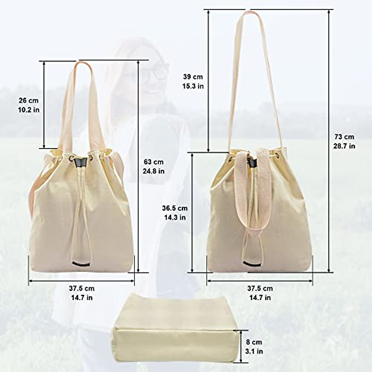 Diesisa Canvas Tote Bag with Drawstring & Inner Zipper Pocket, Cute Tote bags for Women, Shoulder Bag/Messenger Bag/School Totes for college